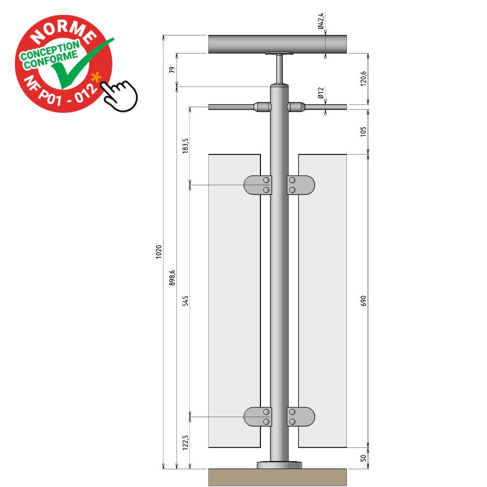 POTEAU PREMONTE Ø42,4 x 2 mm - POUR 1 TIGE Ø12 mm AXIALE + VERRE ...